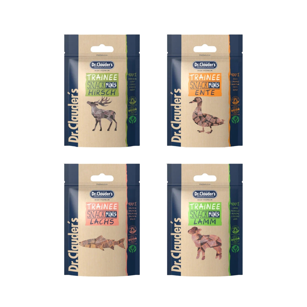 Dr. Clauder´s - 4-pack minibitar (Hjort, lamm, anka, lax) – Hundben.se